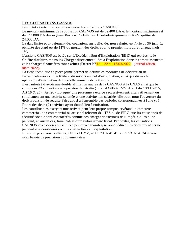 BMZ 2025 Les Cotisations Casnos | PDF