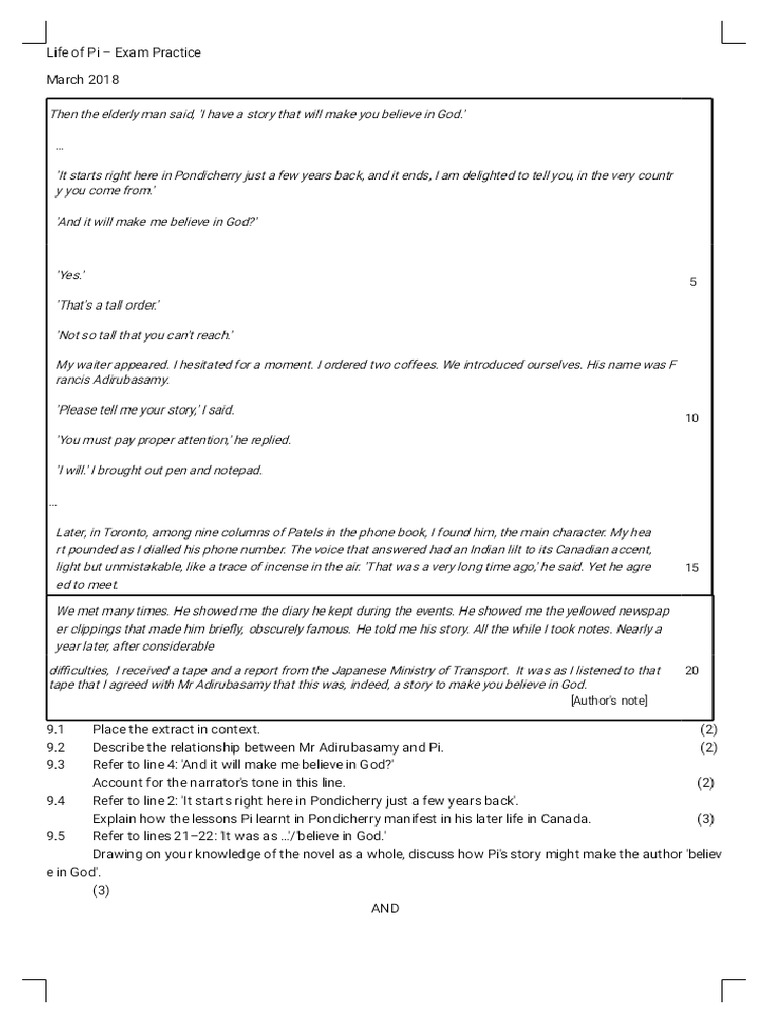 Life of Pi Exam Practice - Phoenix | PDF
