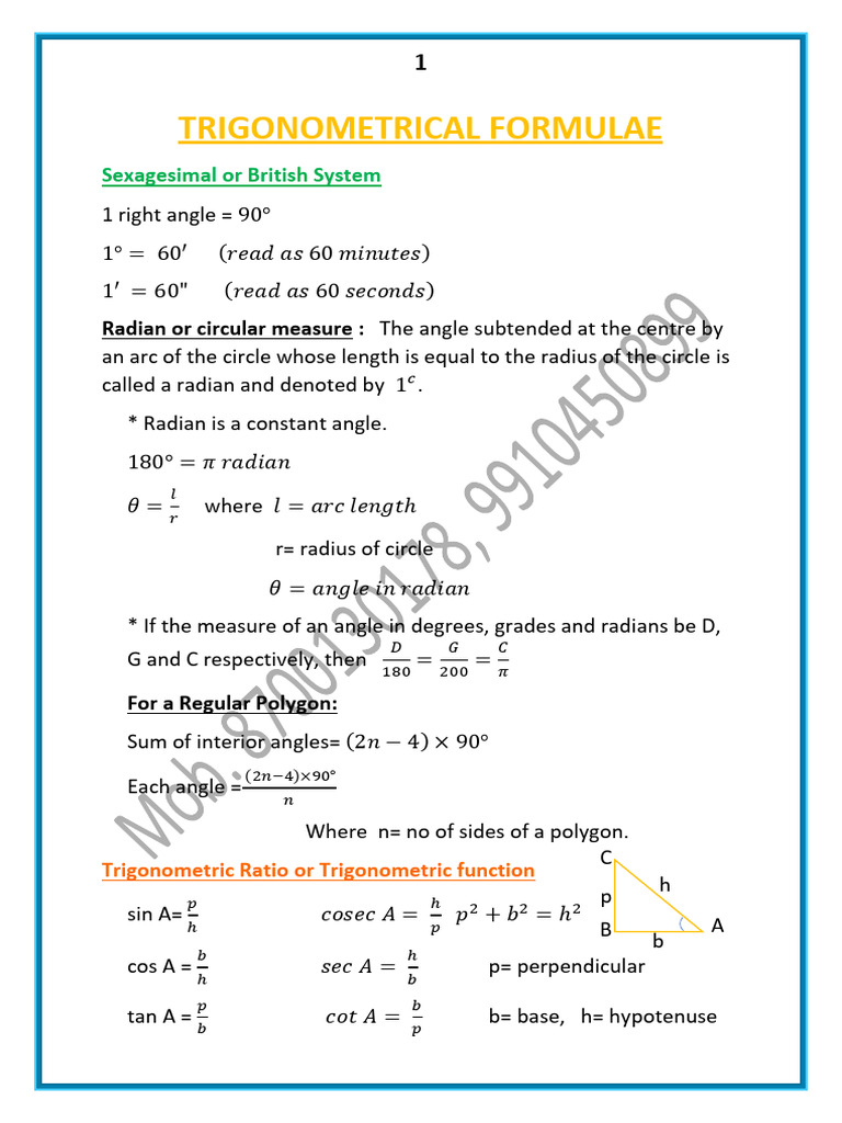 Trigonometrical Formulae (F) | PDF | Trigonometric Functions | Circle