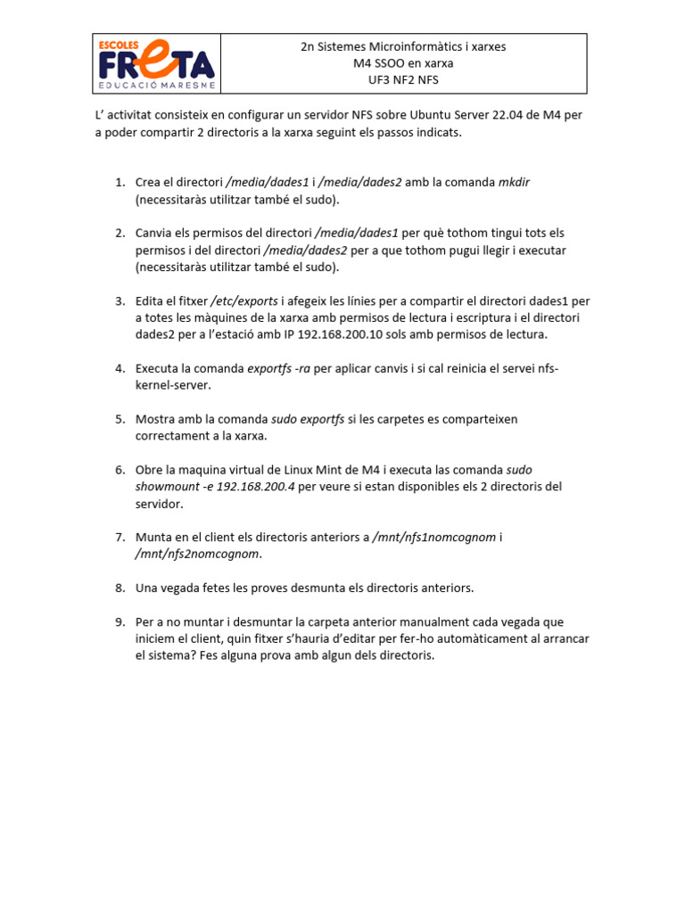 M4 UF3 NF2 Exemple configuració d´un servidor NFS | PDF