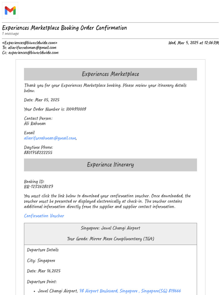 Gmail - Experiences Marketplace Booking Order Confirmation | PDF