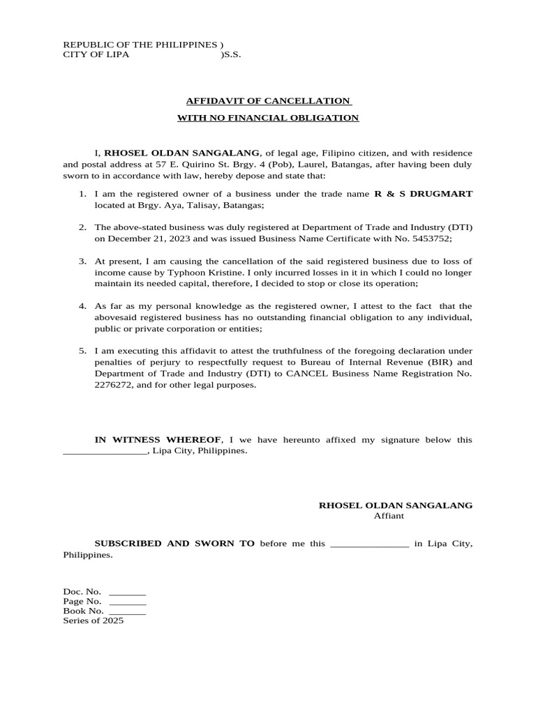 Affidavit of Cancellation | PDF