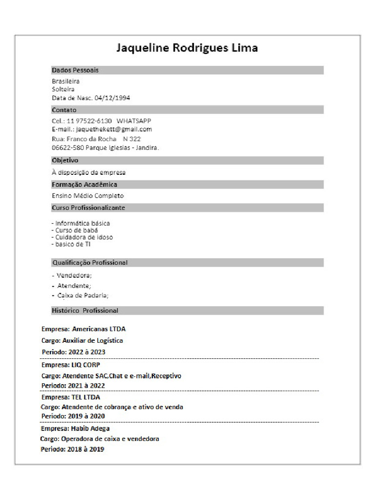 Currículo Atualizado 2024 Jaque | PDF