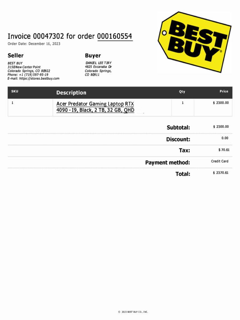 Acer Predator Laptop Invoice from Best Buy | PDF
