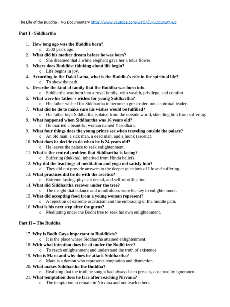 The Life of The Buddha Documentary Questions | PDF | Four Noble Truths ...