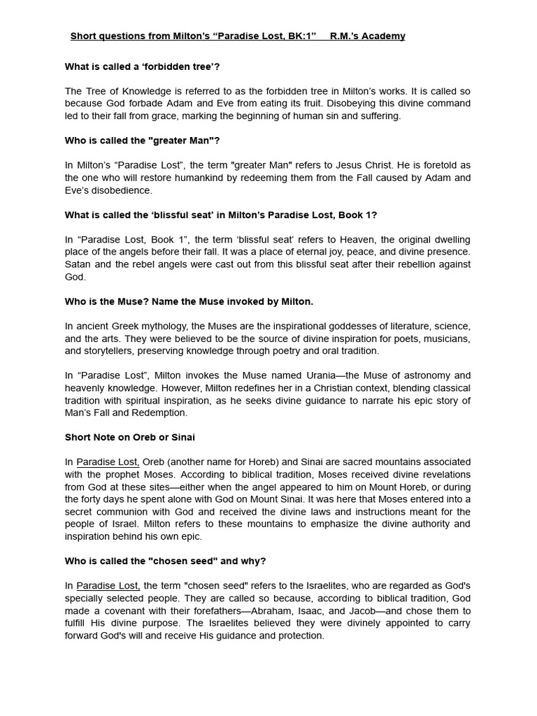 Objective Questions From - Paradise Lost | PDF | Paradise Lost | Poetry