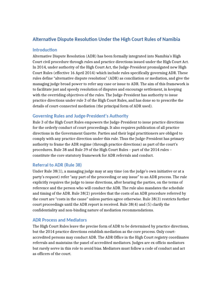 ADR Under Namibian High Court Rules | PDF | Alternative Dispute ...