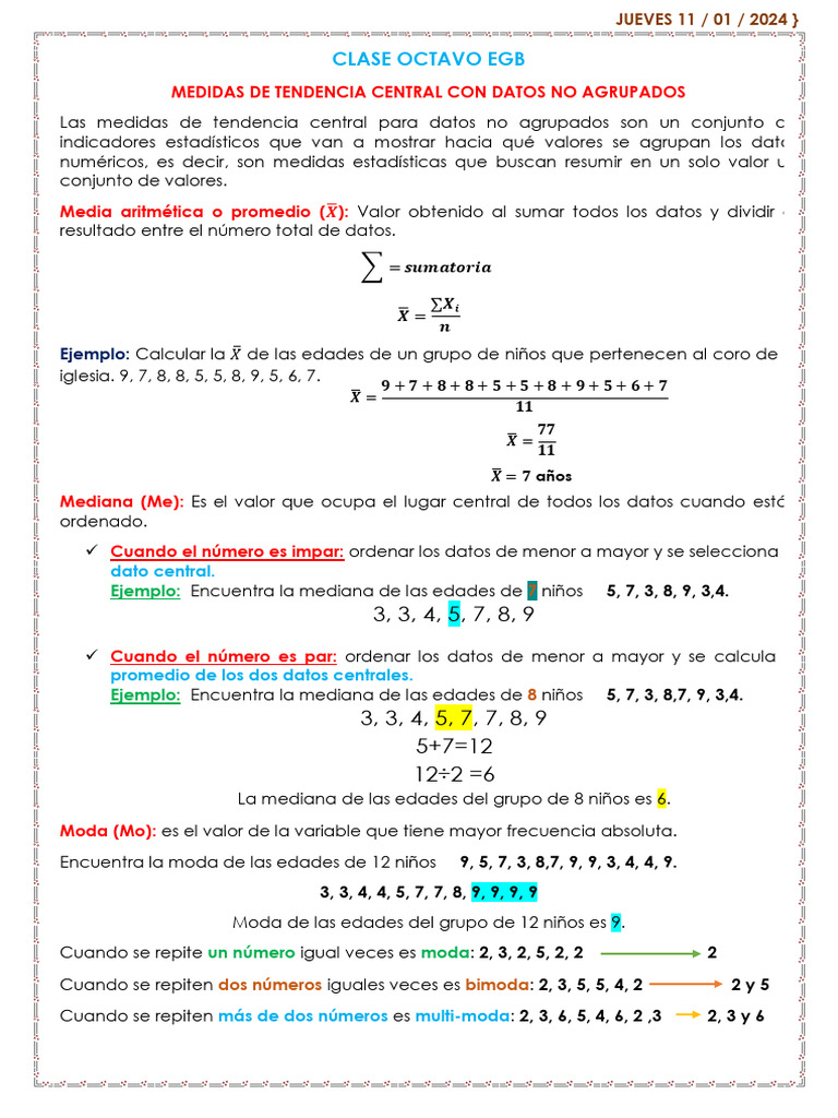 Clase Octavo Egb 11-01-2024 | PDF | Mediana | Estadísticas descriptivas