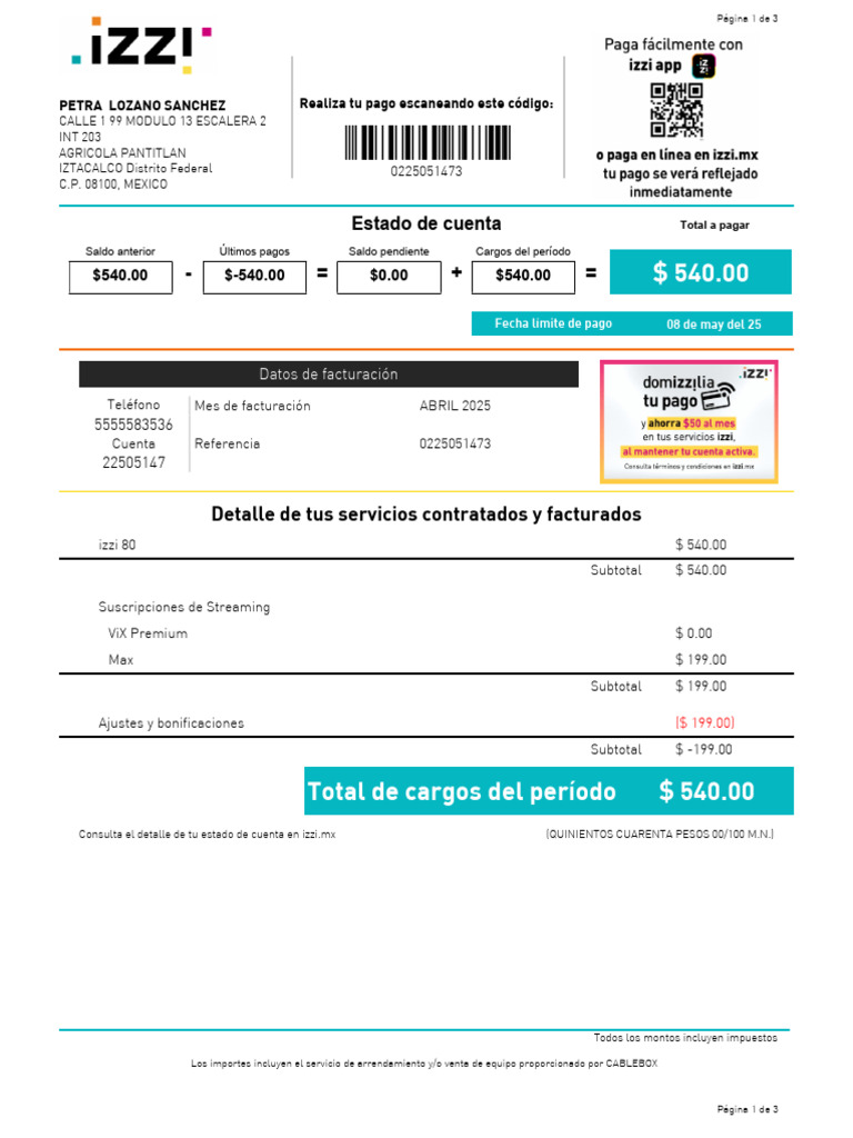 Recibo Teléfono Izzi Abril 2025 | PDF