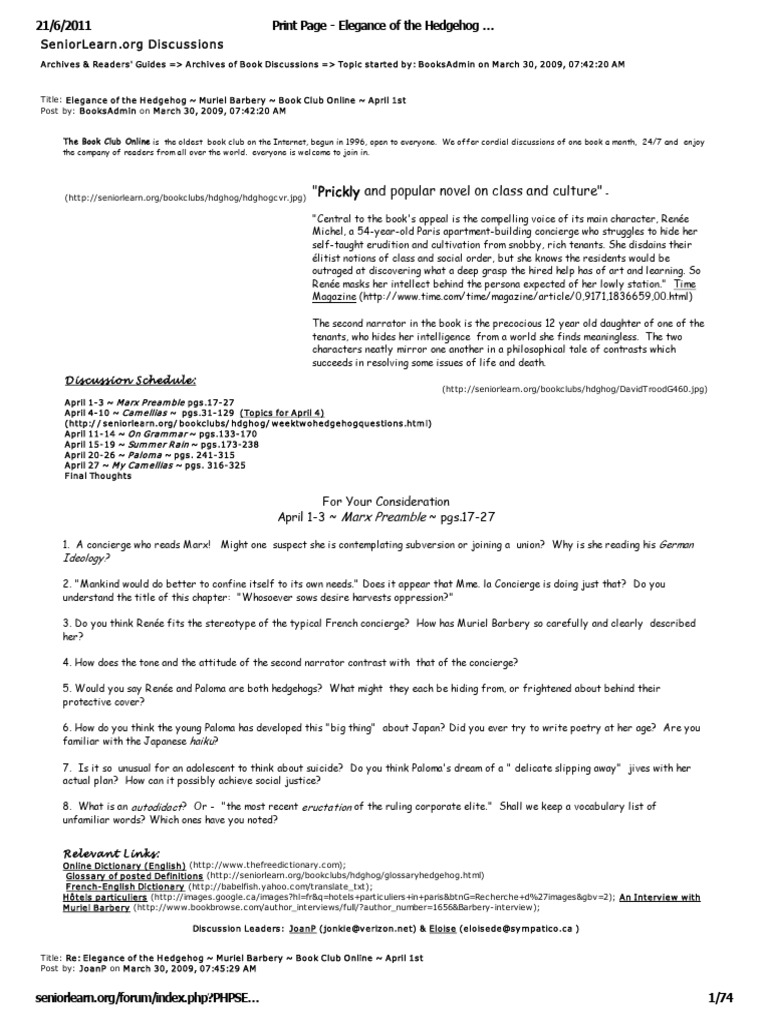 Elegance of the Hedgehog Book Club | PDF