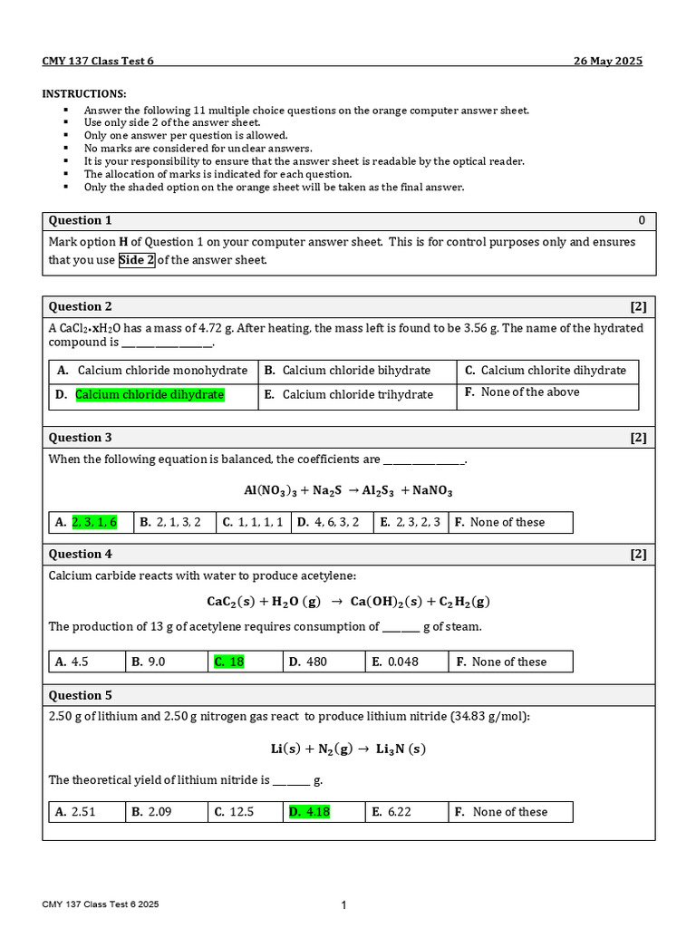 2025 CMY 137 Class Test 6 Memo | PDF | Sodium | Oxide