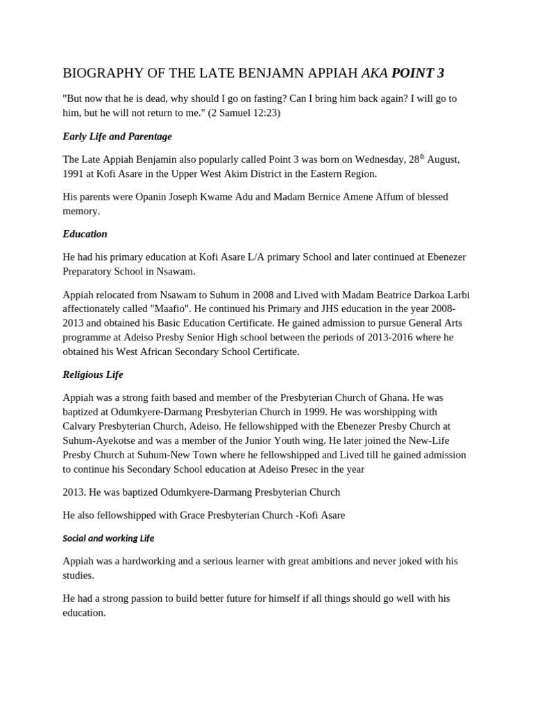 Biography of The Late Appiah Benjamin | PDF