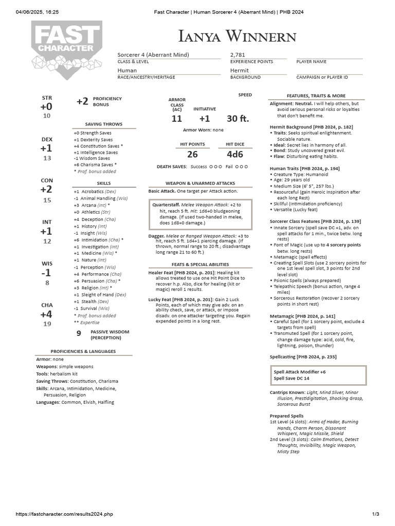 Fast Character - Human Sorcerer 4 (Aberrant Mind) - PHB 2024 | PDF ...