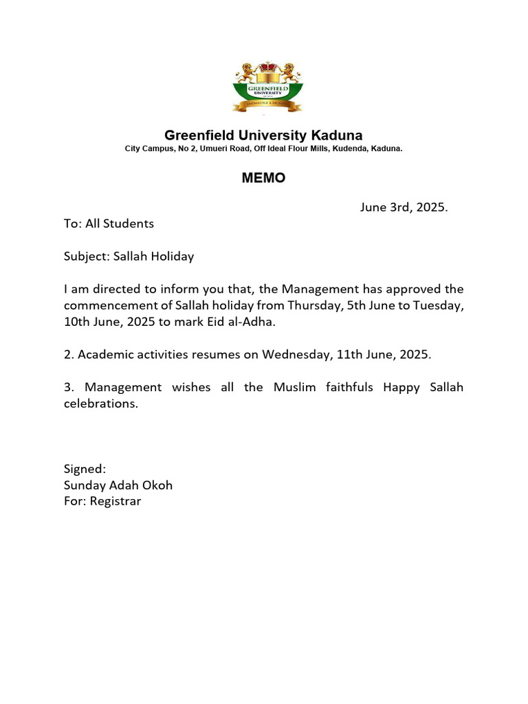 Students Sallah Holiday Memo-2 | PDF