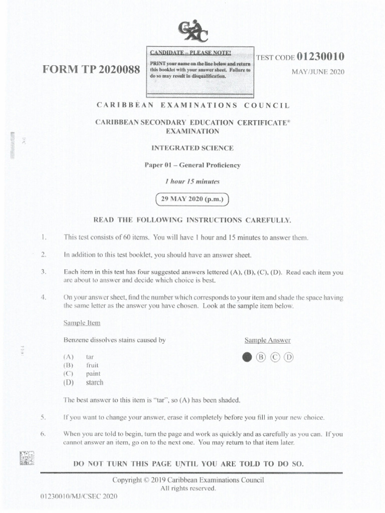 CSEC Integrated Science P1 2020 MJ | PDF