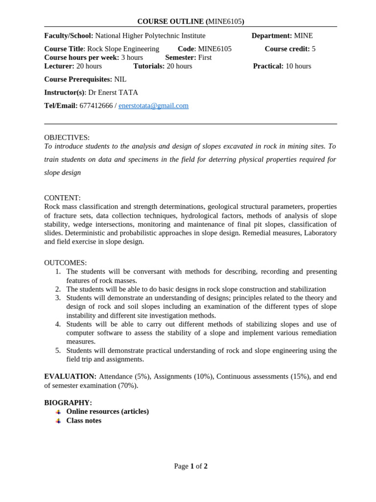 Course Outline MINE6105 | PDF | Engineering | Rock (Geology)