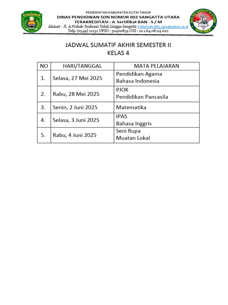 Jadwal Sas II Kls 4 2024-2025 | PDF