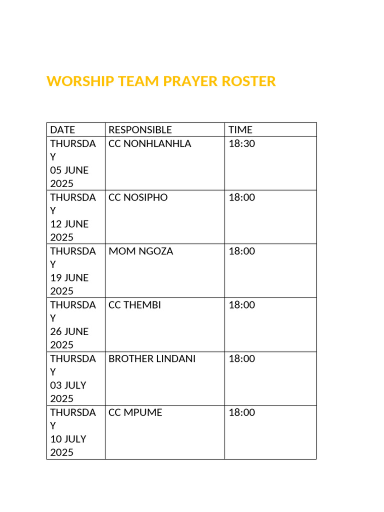 Worship Team Prayer Roster | PDF