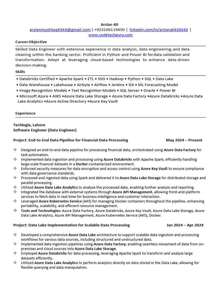 Arslan Ali-Data Engineer (Resume) | PDF | Apache Spark | Microsoft Azure