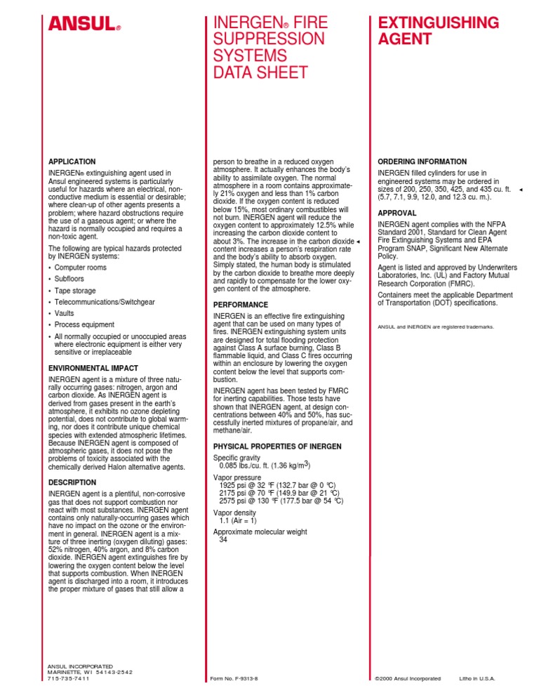 Ansul: Inergen Fire Suppression Systems Data Sheet