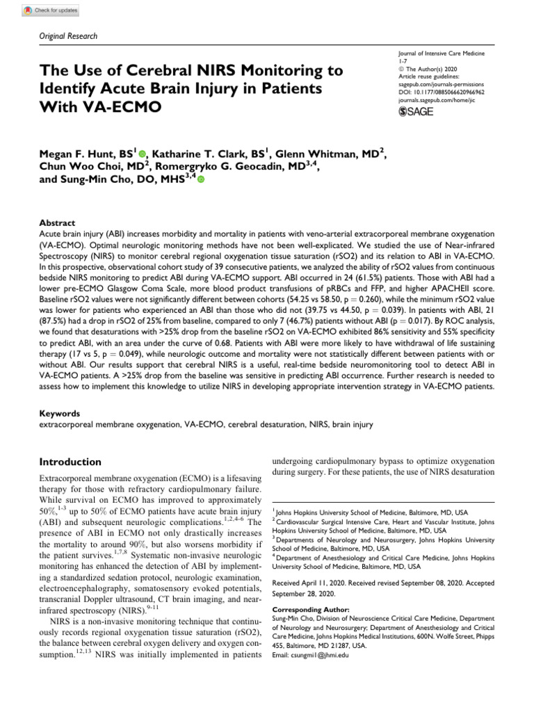 The Use of Cerebral NIRS Monitoring Identify Acute Brain Injury in ...