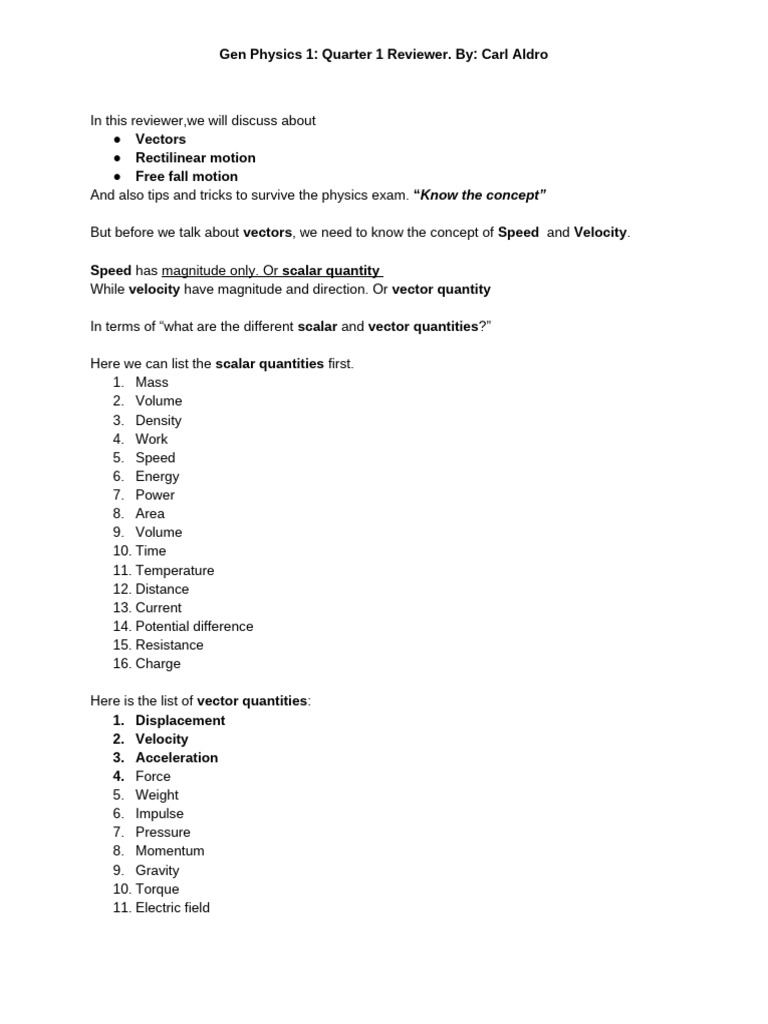 Physics 1 Quarter 1 Exam Guide | PDF | Velocity | Acceleration