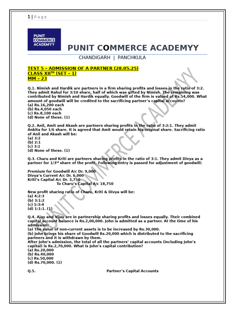 Admission of A Partner (2) Set-1 | PDF | Balance Sheet | Goodwill ...