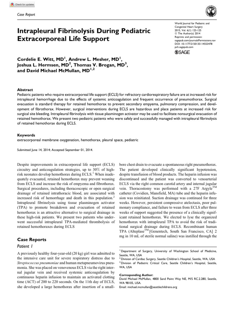 Intrapleural Fibrinolysis During Pediatric ECLS - 2014 | PDF | Thorax ...