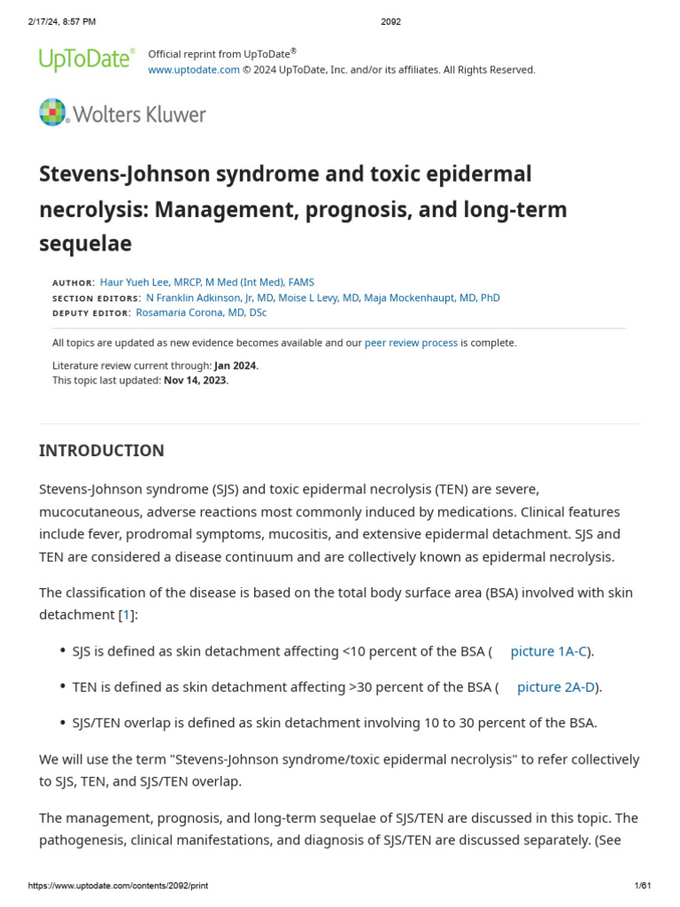 Stevens-Johnson Syndrome and Toxic Epidermal Necrolysis: Management, Prognosis, and Long-Term ...