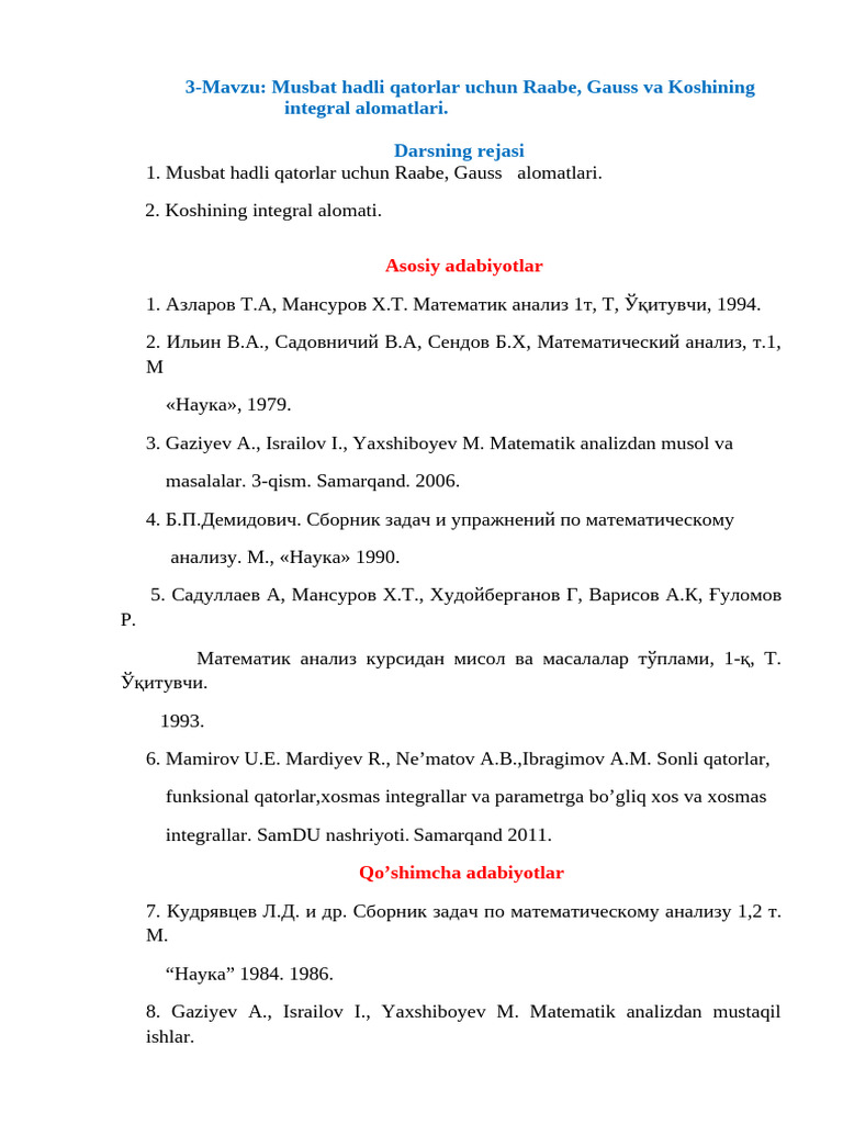 3-Mavzu - Musbat Hadli Qatorlar Uchun Raabe, Gauss Va Koshining I | PDF
