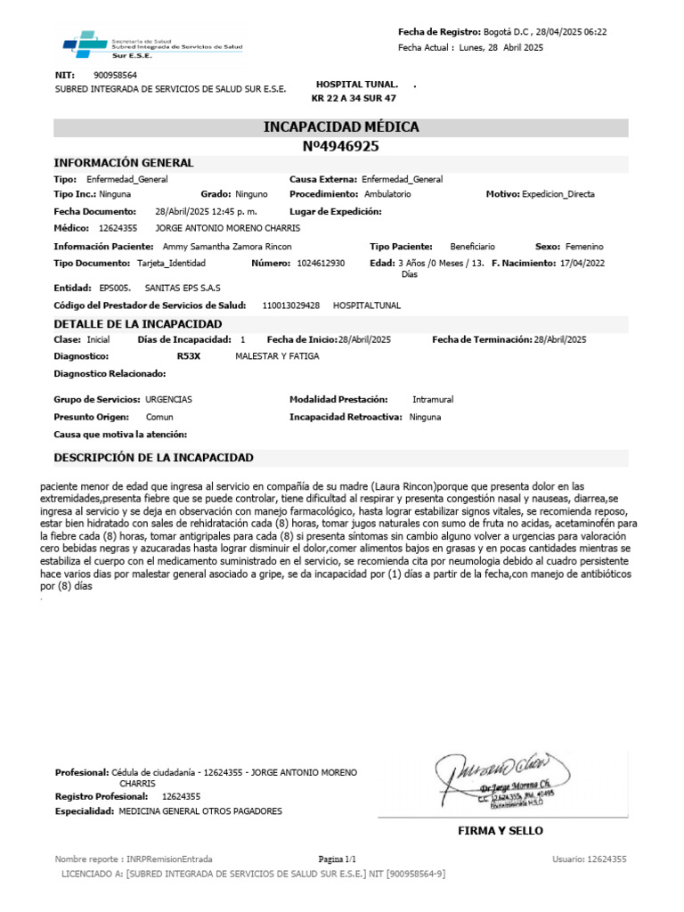 HCRPIncapacidadMedica Ammy Zamora | PDF | Enfermedades y trastornos humanos | Cuidado de la salud