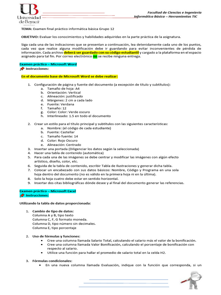Lineamientos Examen G12 | PDF | Información | Microsoft Excel