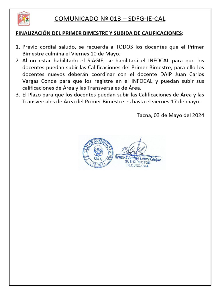 Comunicado 013 Finalización Del Primer Bimestre y Subida de Calificaciones | PDF