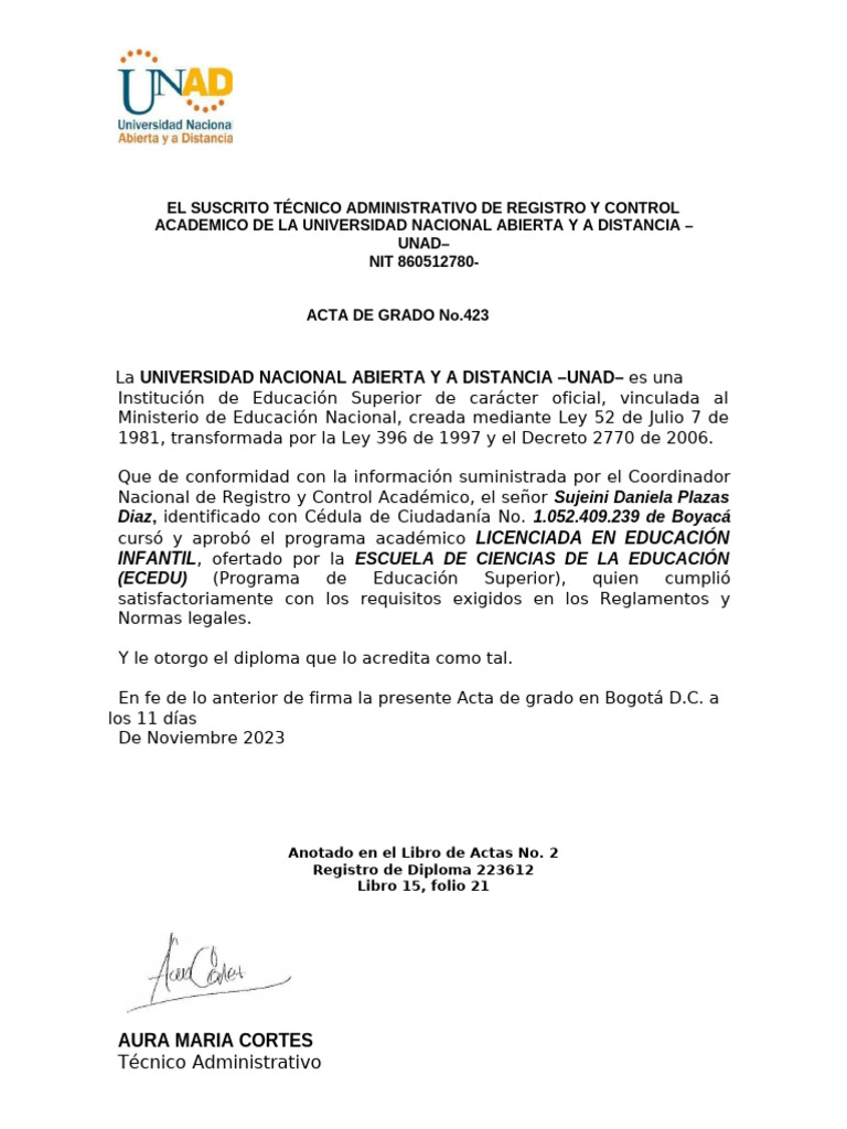 Acta Sujeini Daniela Plazas Unad Fecha Corregida | PDF