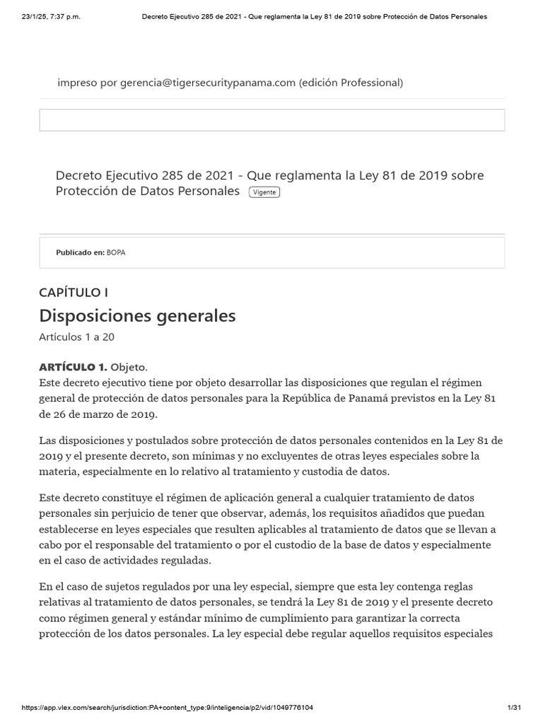 Decreto Ejecutivo 285 de 2021 - Que Reglamenta La Ley 81 de 2019 Sobre ...