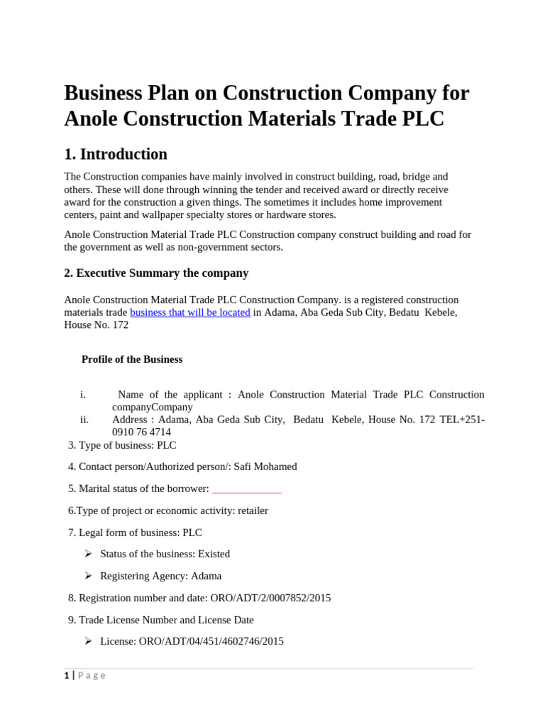 Business Plan For Anole Construction Material Trade PLC ...