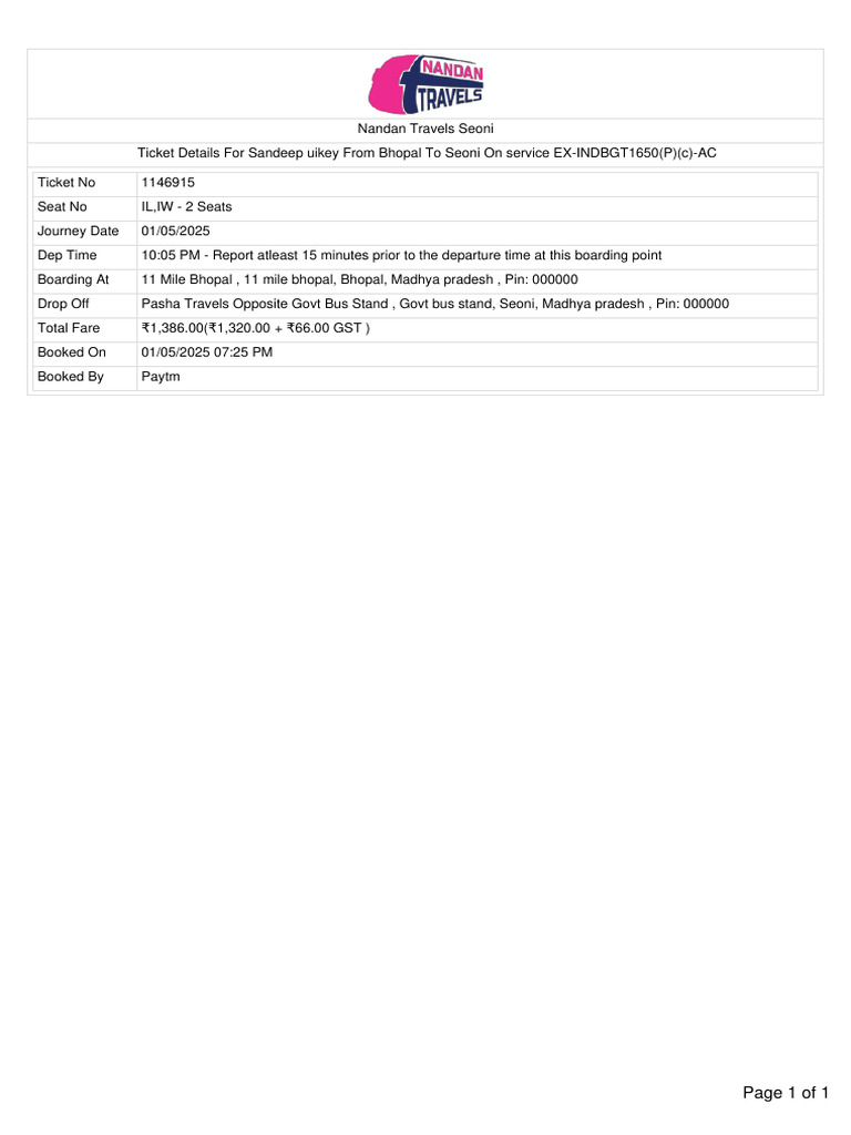 Bhopal to Seoni Ticket Details | PDF