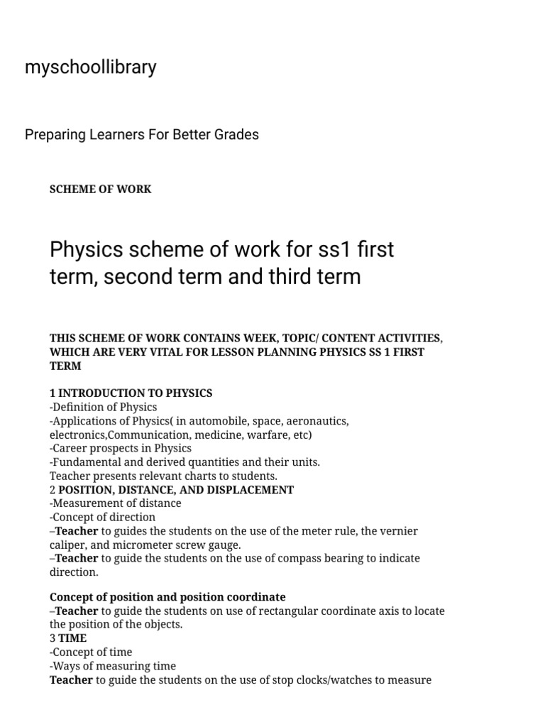 Physics Scheme of Work For Ss1 First Term, Second Term and Third Term ...