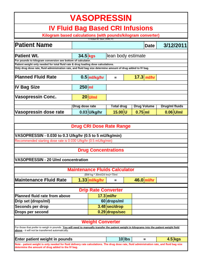 Vasopressin IV Fluid CRI Kgs-Lbs 03 12 11 Locked | PDF | Intravenous ...