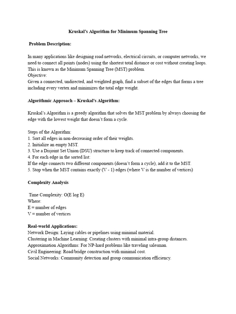 Kruskal's Algorithm For Minimum Spanning Tree | PDF