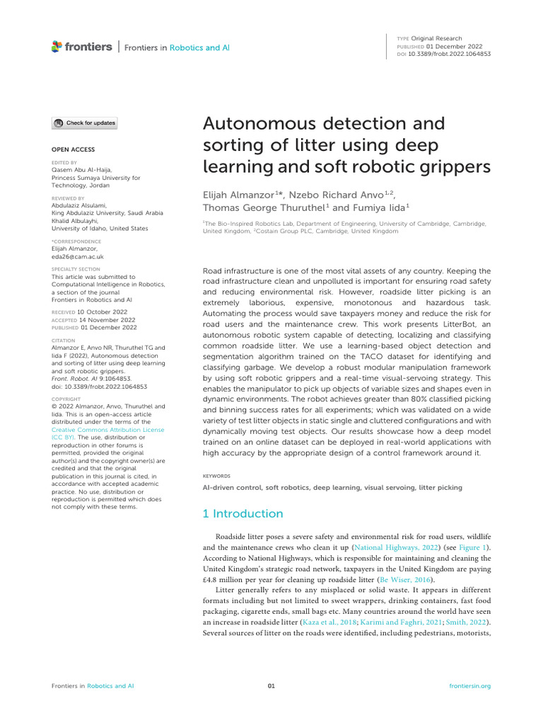 Autonomous Detection And Sorting Of Litter Using Deep Learning And Soft Robotic Grippers Frobt