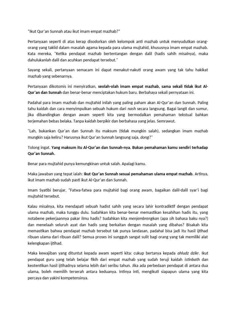 Ikut Qur'an Sunnah Atau Imam Mazhab | PDF