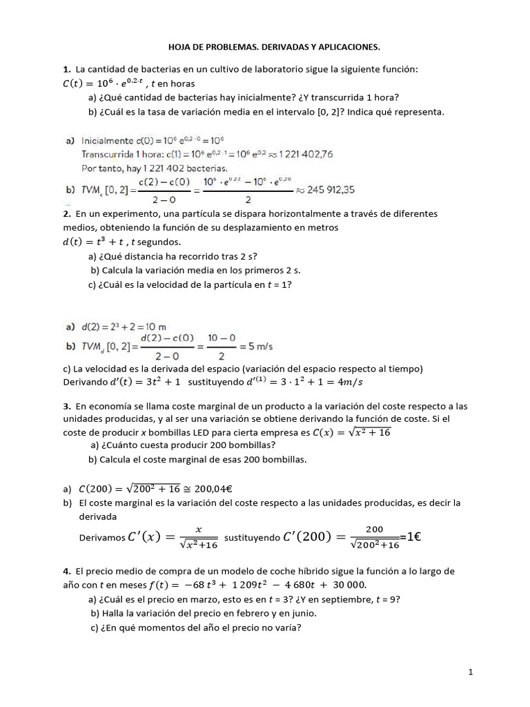 Soluciones Hoja de Problemas. Derivadas y Aplicaciones | PDF | Precios