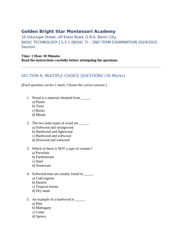 Bright Star Montessori Basic Technology Exam | PDF | Metals ...