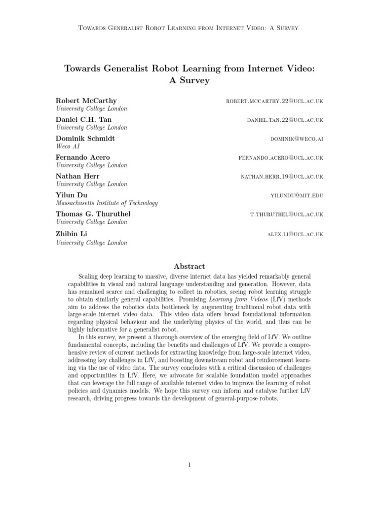 Towards Generalist Robot Learning From Internet Video - A Survey | PDF | Cognitive Science ...