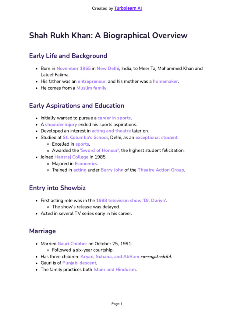 Shah Rukh Khan: A Biographical Overview: Early Life and Background | PDF | Cinema Of India