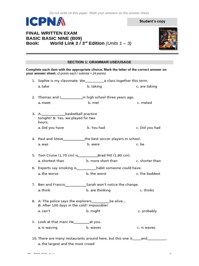 Final Written Exam Basic Basic Nine B09 | PDF