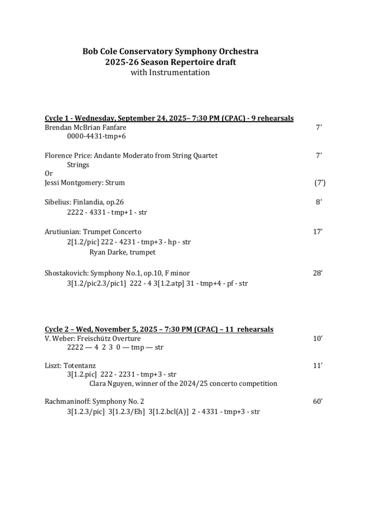 Bob Cole Conservatory 2025-26 Orchestra Repertoire | PDF | Orchestras ...