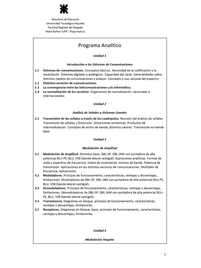 Programa Analitico Sistemas de Comunicaciones 2024 | PDF | Modulación | Modulación de frecuencia