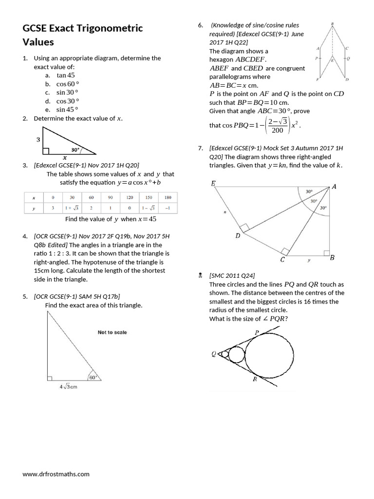 GCSE ExactTrigonometricValues | PDF | Trigonometric Functions | Triangle